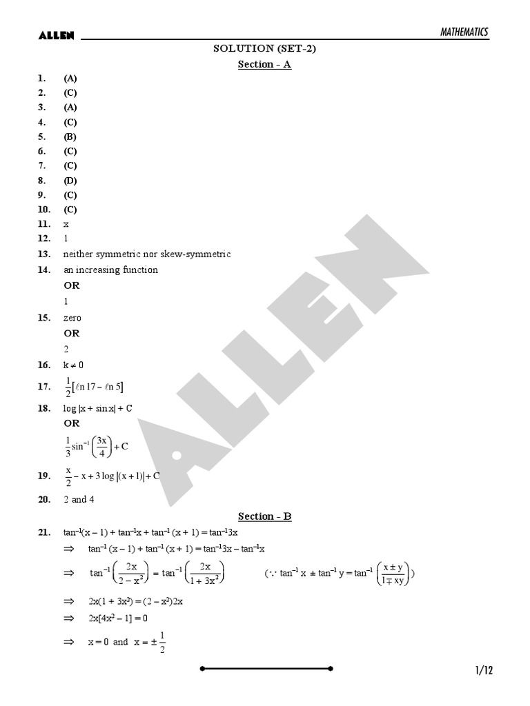 Allen: Solution (Set-2) Section - A | PDF | Maxima And Minima | Sphere