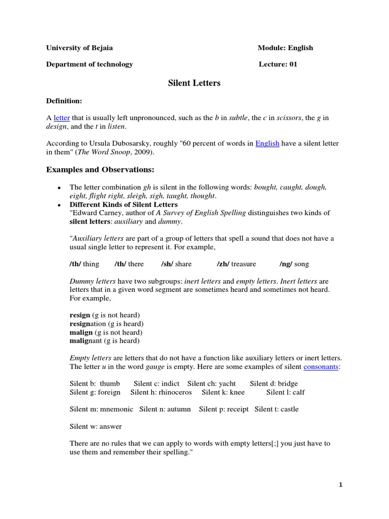 Silent Letters: Examples and Observations | PDF | Symbols | Grammar