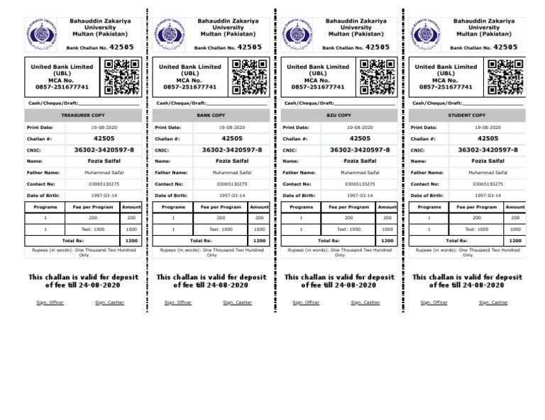 Bank Challan for Fee Deposit of Student Fozia Saifal from Bahauddin ...