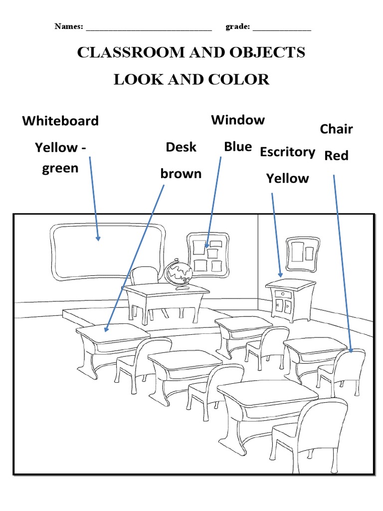 Classroom and Objects Look and Color: Chair Red Window Blue Whiteboard ...