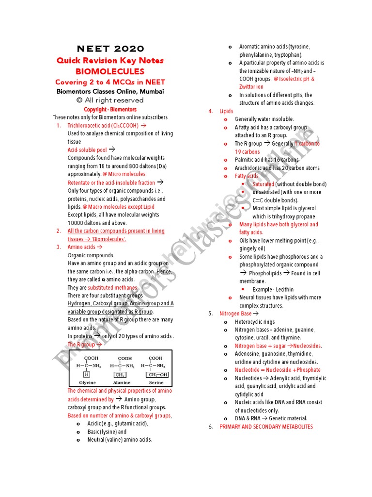 Biomolecules Key Notes 2020 | PDF | Cofactor (Biochemistry) | Enzyme