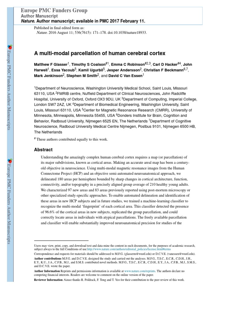 A Multi-Modal Parcellation of Human Cerebral Cortex: Europe PMC Funders ...