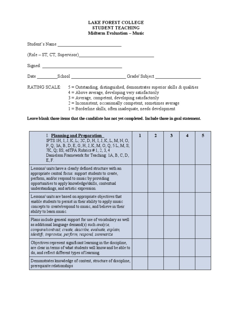 Midterm Eval Form - Music Student-Teacher | PDF | Educational ...