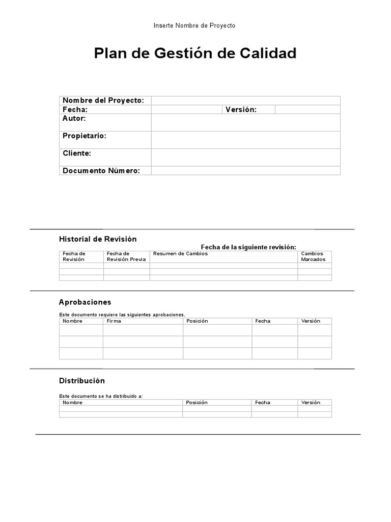Formato Plan de Gestión de Calidad | PDF | Sistema de manejo de calidad ...