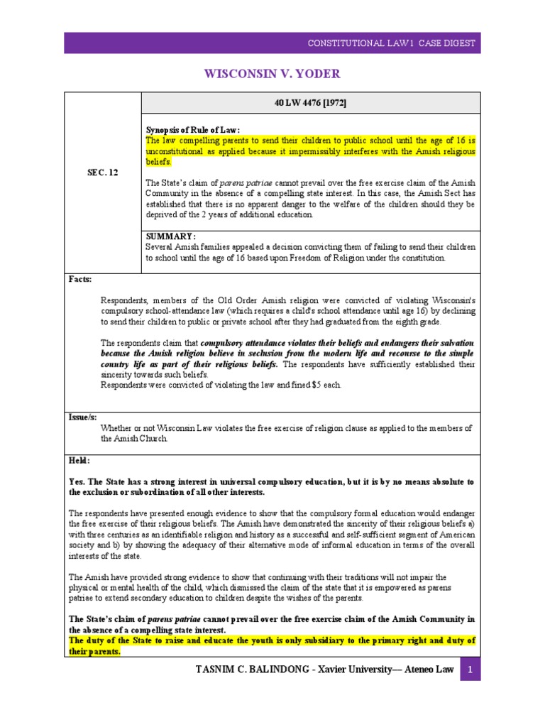 Wisconsin v. Yoder protects Amish religious freedom | PDF | Free ...