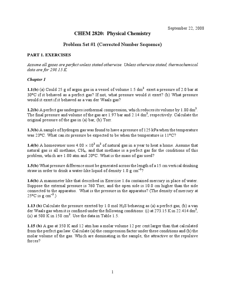 CHEM 2820 Problem Set 1 | PDF | Gases | Pressure