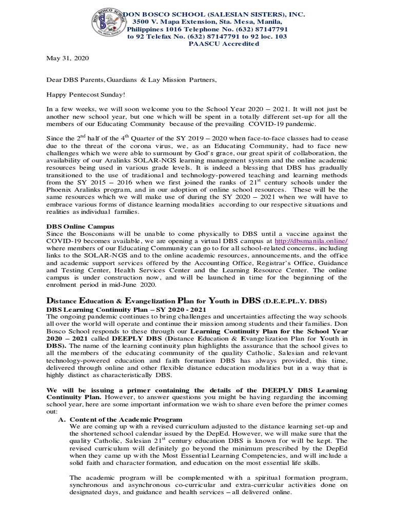 DBS Distance Learning Plan 2020-2021 | PDF | Distance Education ...