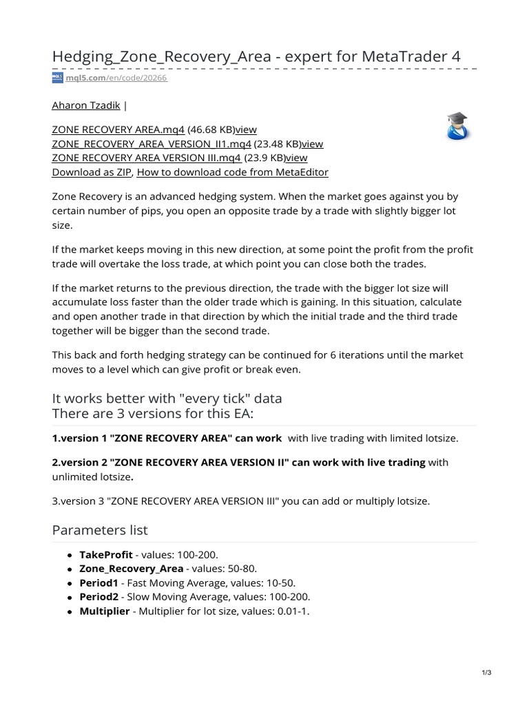 Hedging - Zone - Recovery - Area - Expert For MetaTrader 4 | PDF