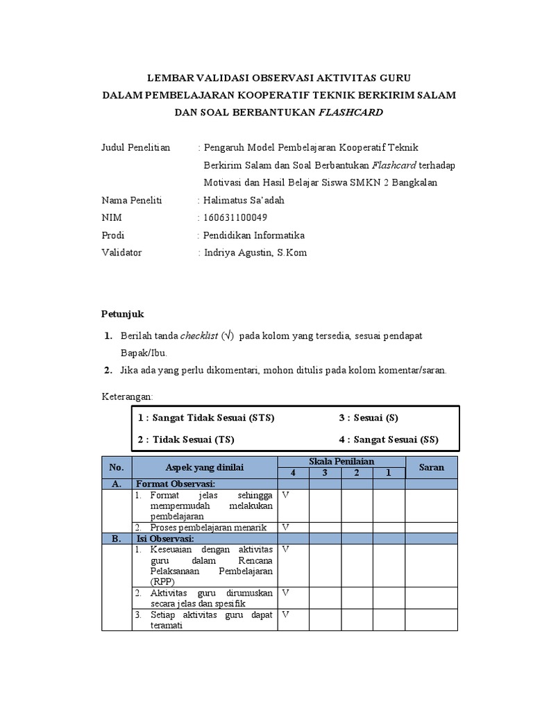 LEMBAR VALIDASI OBSERVASI AKTIVITAS GURU (Validator Guru Mapel) | PDF