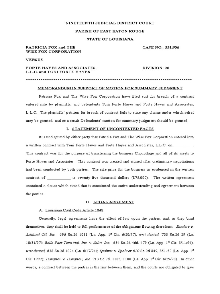 Louisiana Breach of Contract Summary Judgment | PDF | Judiciaries ...
