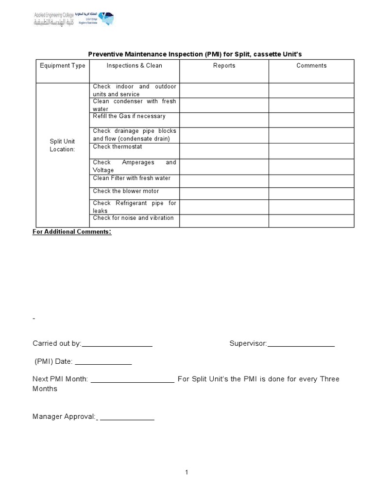 Preventive Maintenance Inspection (PMI) For Split, Cassette Unit's | PDF