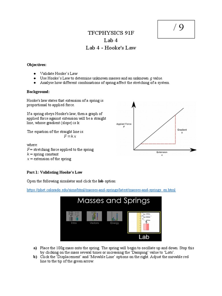 Lab 4 - Hooke's Law | PDF | Force | Mass