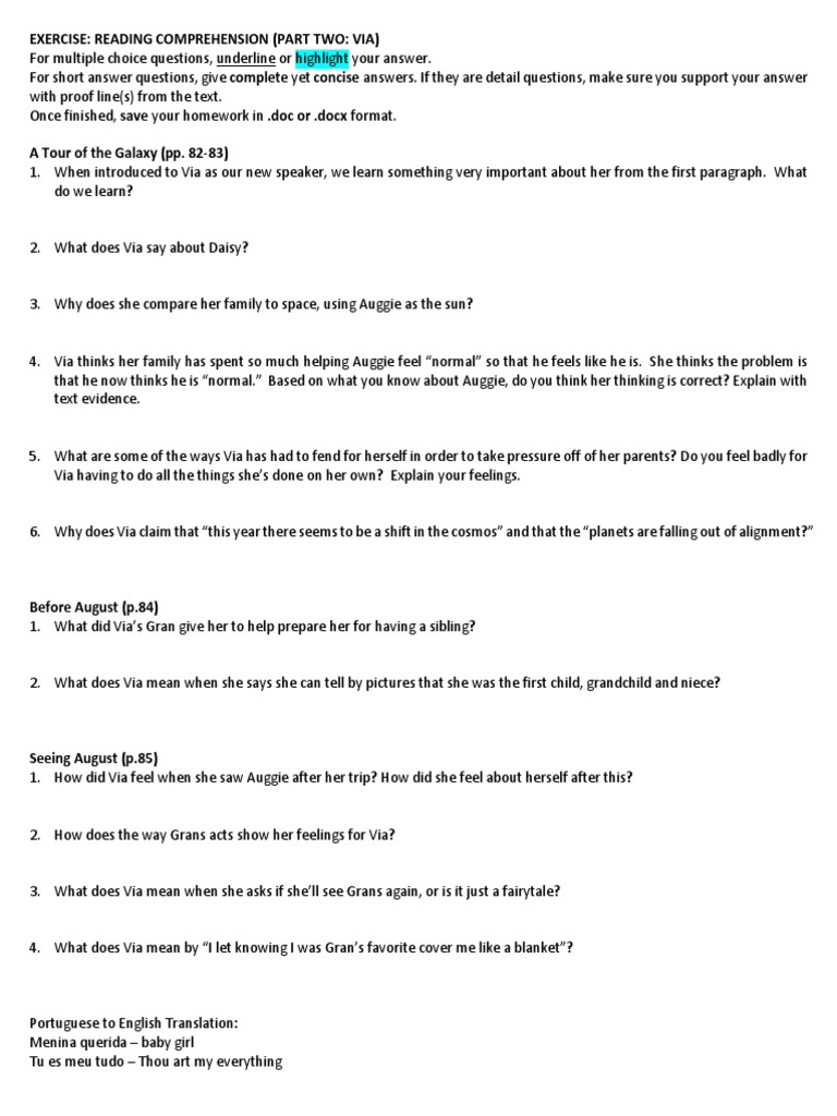 Wonder - Reading Comprehension Exercise (Parts 2-3) | PDF