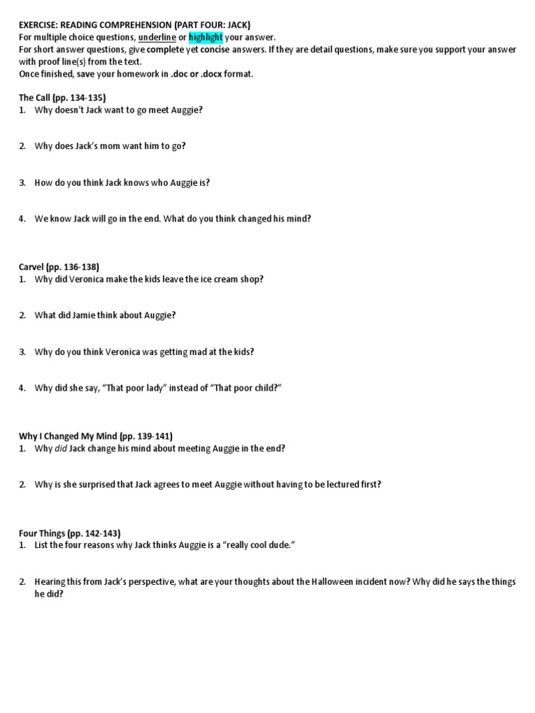 Wonder Reading Comprehension Exercise Part 4 Pdf