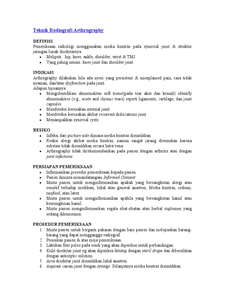 Teknik Radiografi Arthrography | PDF