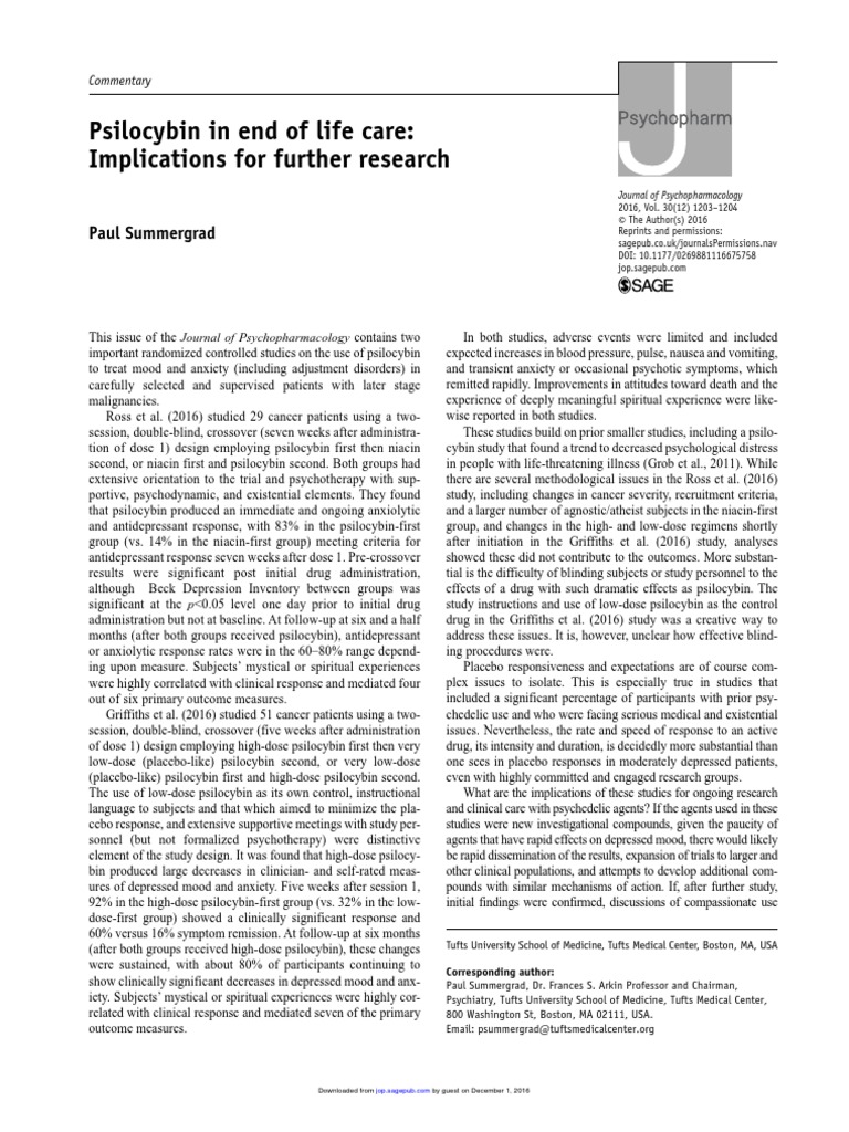 Psilocybin in End of Life Care: Implications For Further Research | PDF ...