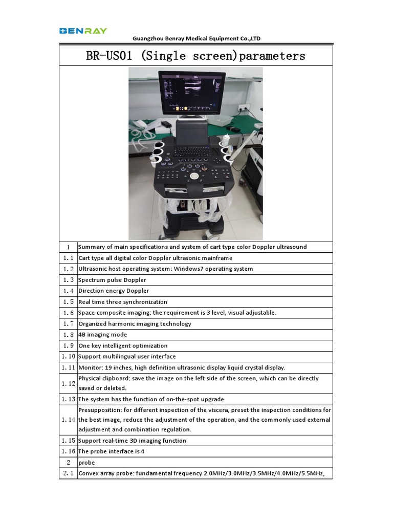 BR-US01 (Single Screen) Parameters: Guangzhou Benray Medical Equipment ...