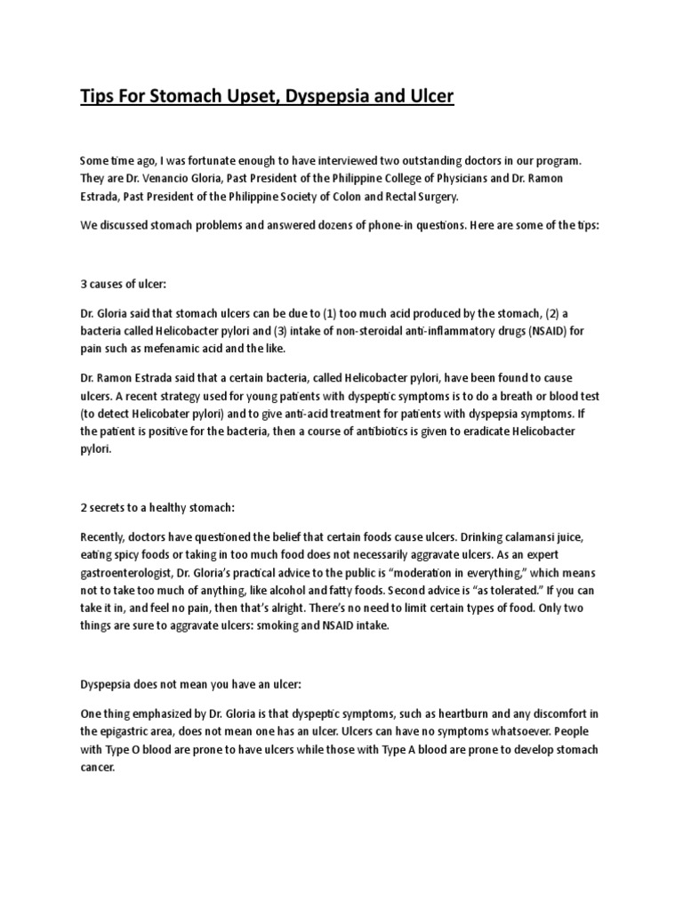 Tips For Stomach Upset, Dyspepsia and Ulcer by A Professional Licensed Doctor | PDF ...