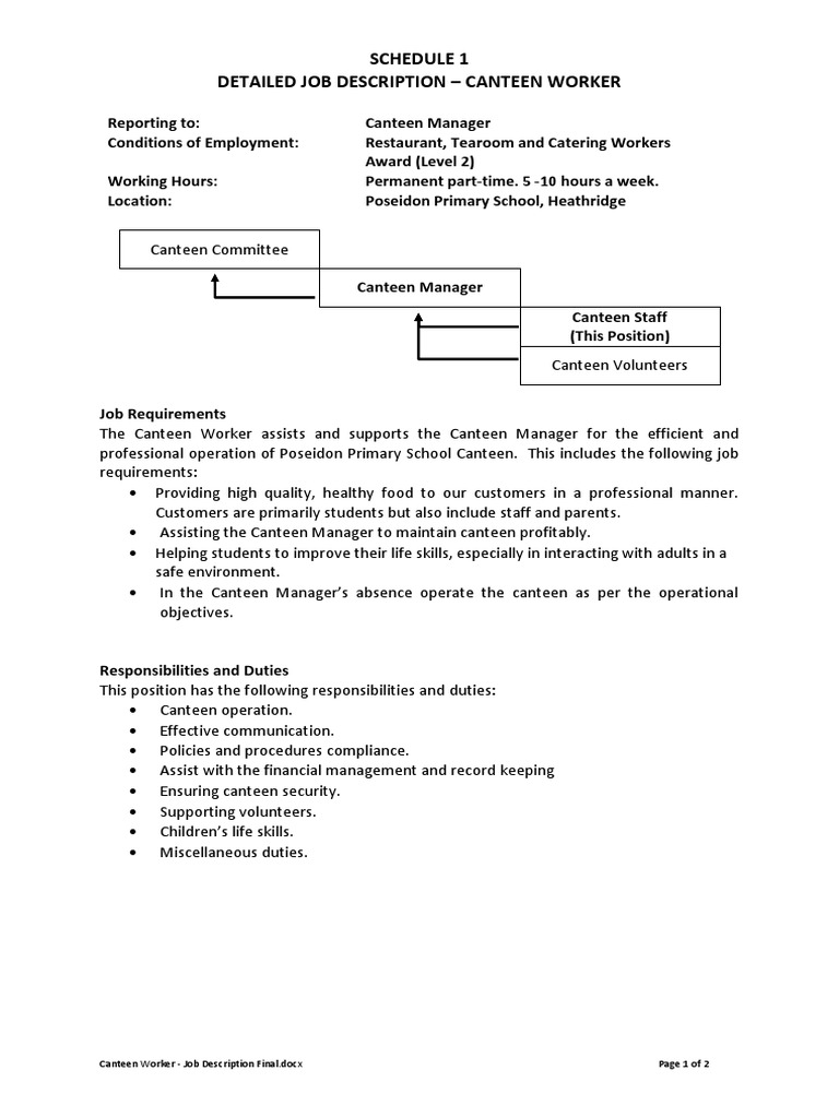 Schedule 1 Detailed Job Description - Canteen Worker | PDF | Cafeteria ...