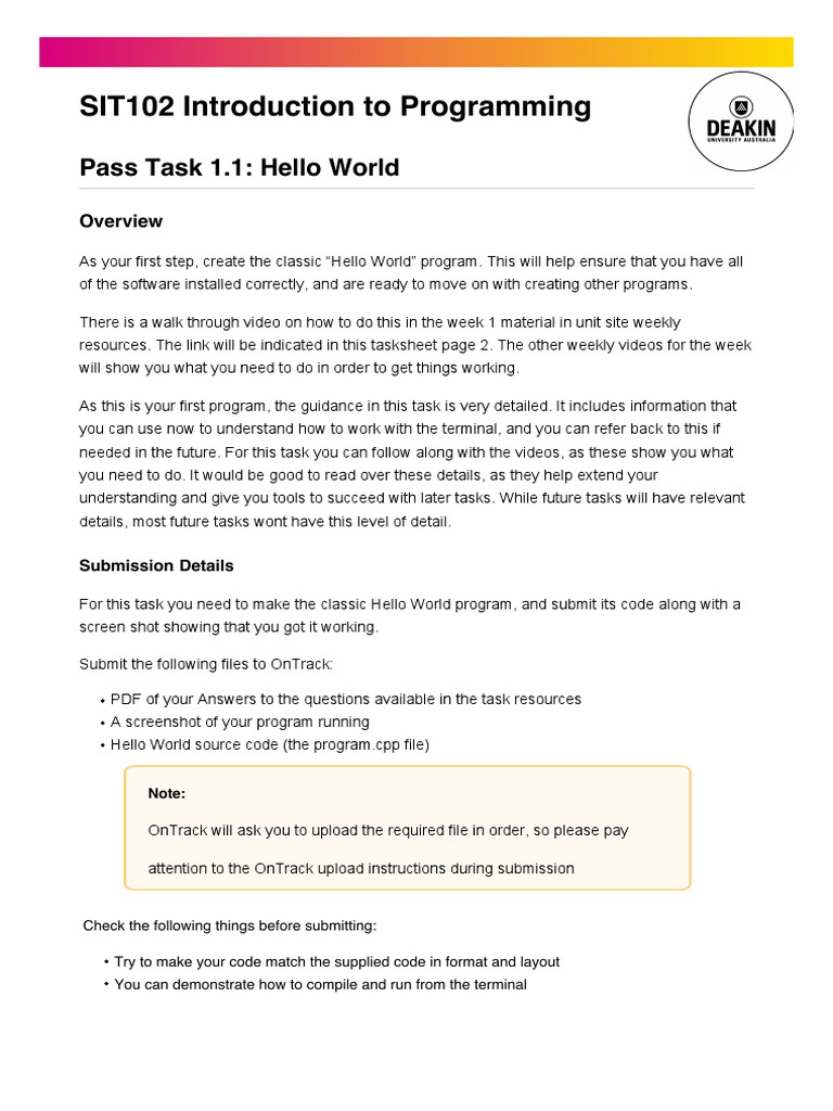 Sit102 Introduction To Programming Pass Task 11 Hello World Pdf Directory Computing 1200