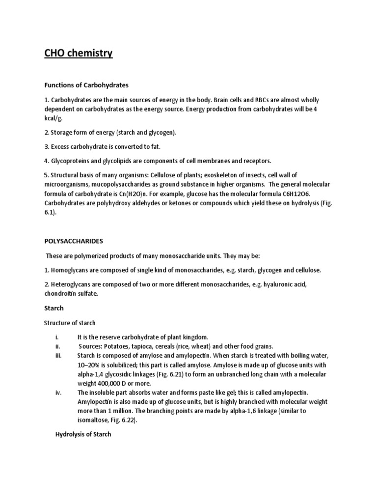 CHO Chemistry: Functions of Carbohydrates | PDF | Starch | Carbohydrates