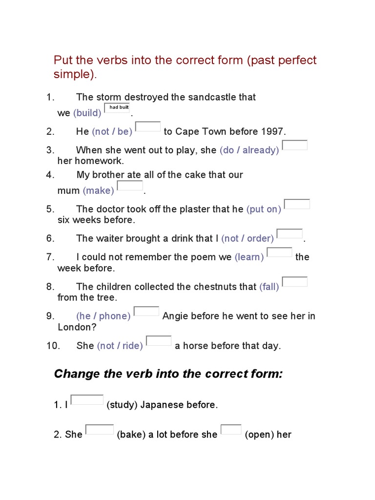 Put The Verbs Into The Correct Form (Past Perfect Simple) | PDF ...