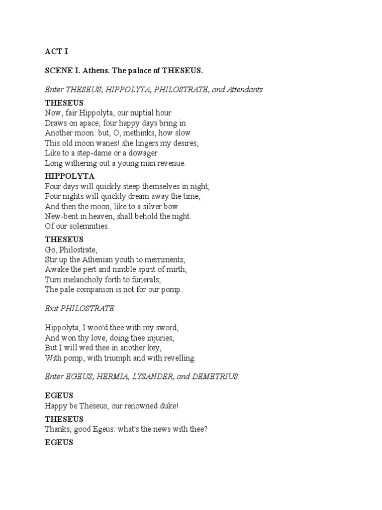 Enter THESEUS, HIPPOLYTA, PHILOSTRATE, and Attendants: Act I SCENE I ...