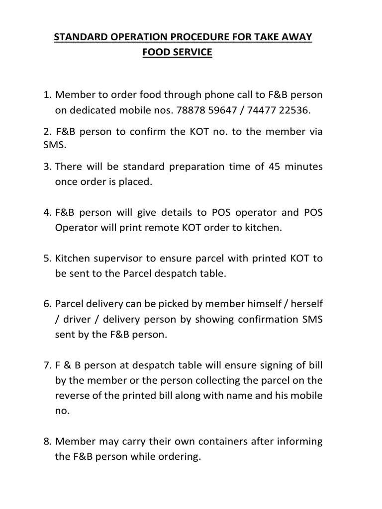 Takeaway Food Service SOP | PDF | Kebab | Prepared Foods