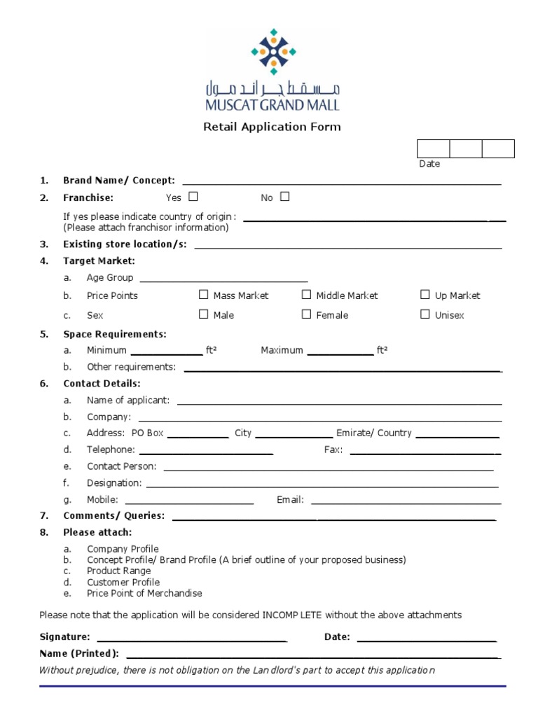 Retail Application Form: Without Prejudice, There Is Not Obligation On ...