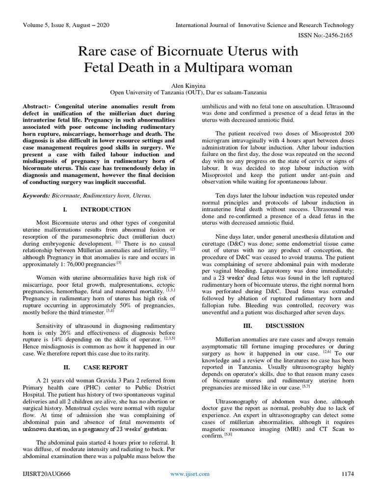 Rare Case of Bicornuate Uterus With Fetal Death in A Multipara Woman ...