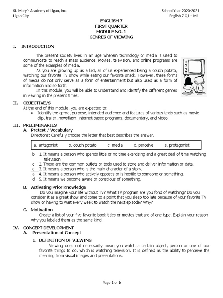 English 7 First Quarter Module No. 1 Genres of Viewing | PDF ...