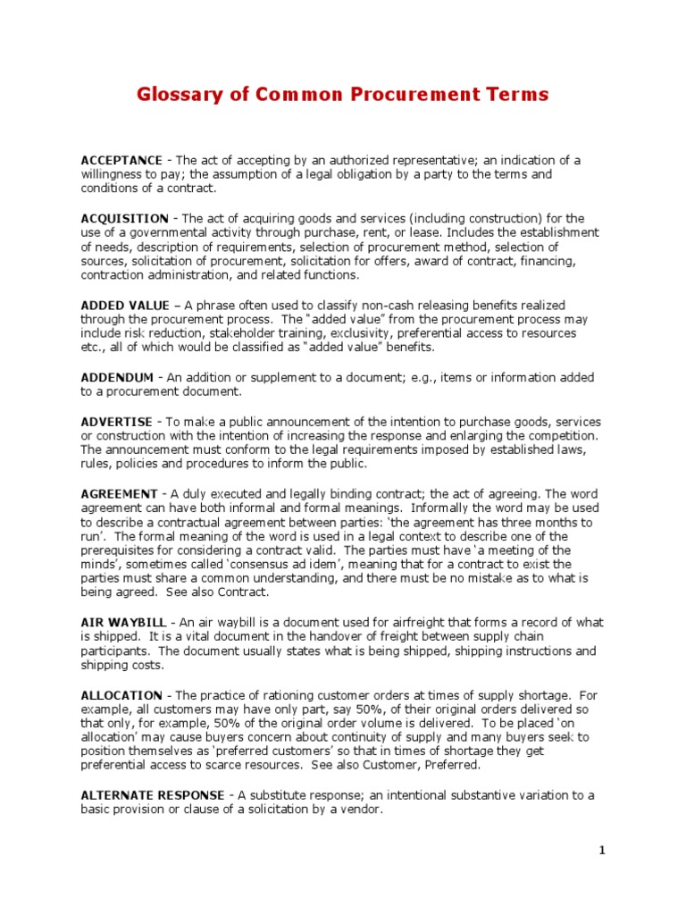 Common Procurement Terms Glossary | PDF | Auction | Monopoly