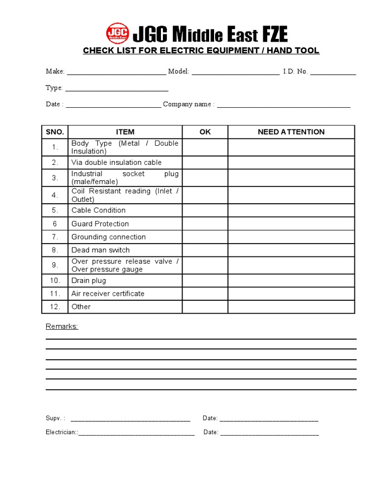 Check List For Electric Equipment - Hand Tool | PDF