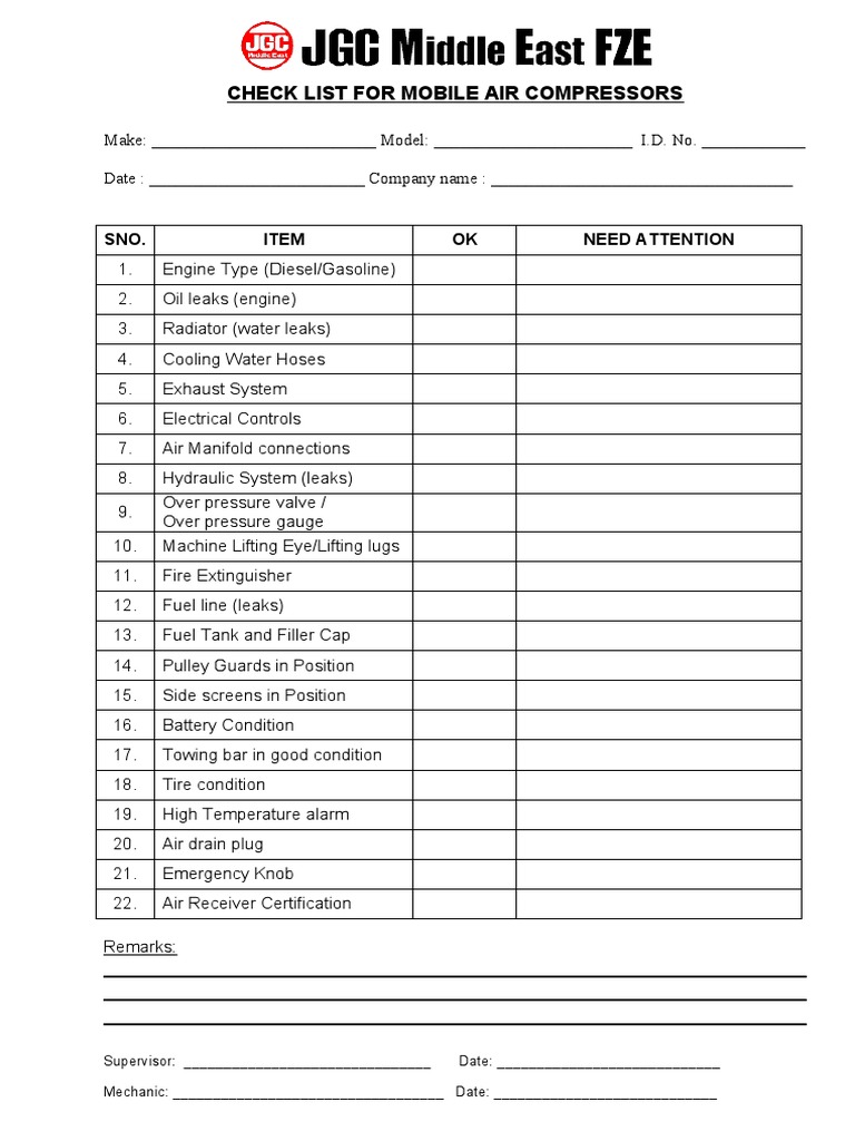 Check List For Mobile Air Compressor | PDF