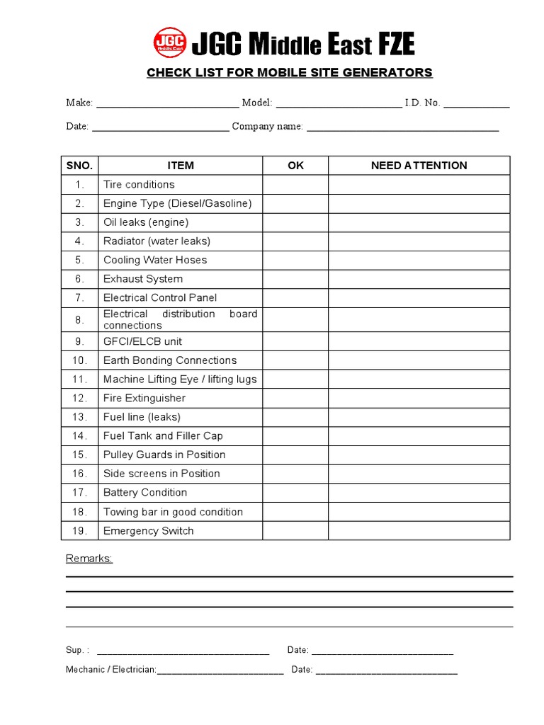 Mobile Site Generator Inspection Checklist | PDF