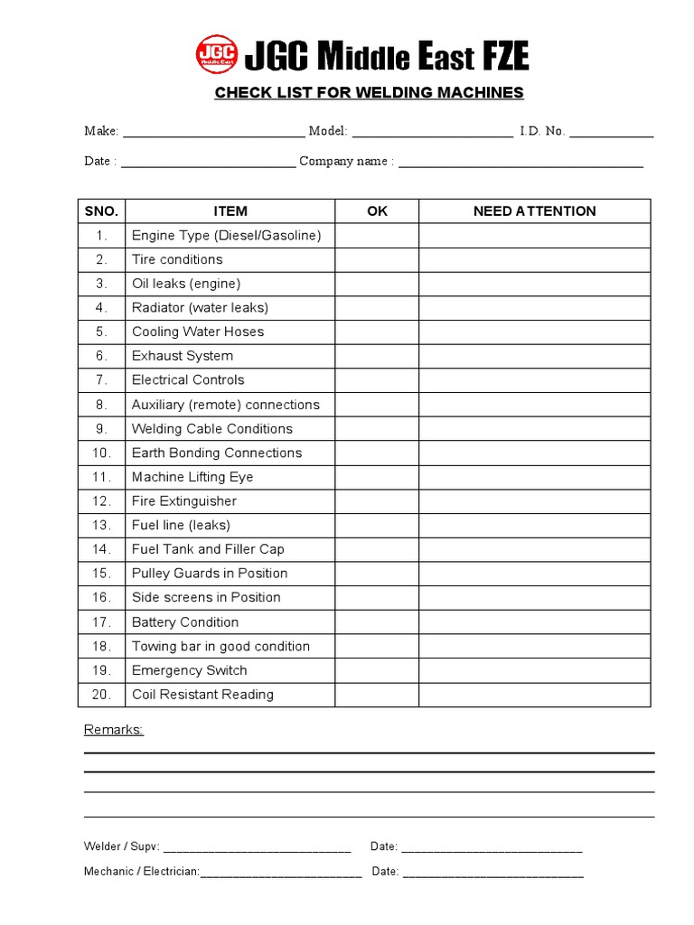 Check List For Welding Machines | PDF