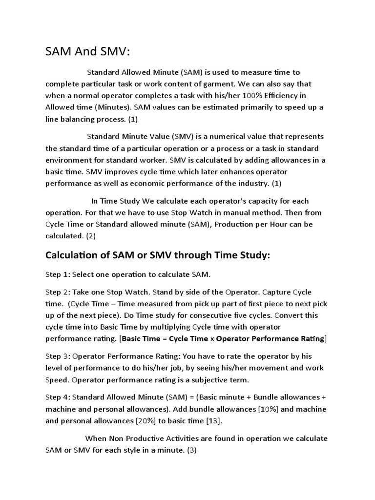 Sam and SMV:: Calculation of SAM or SMV Through Time Study | PDF
