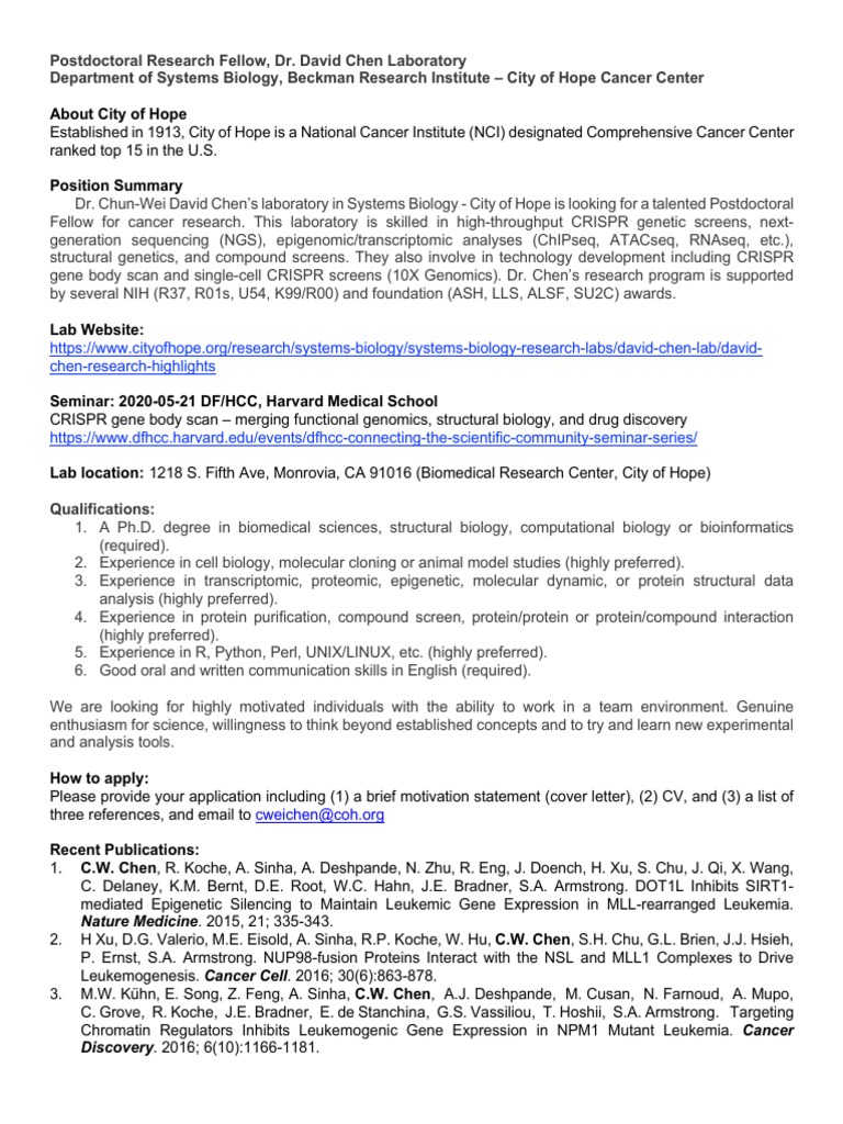 Postdoc Position in David Chen Lab at City of Hope | PDF | Systems ...