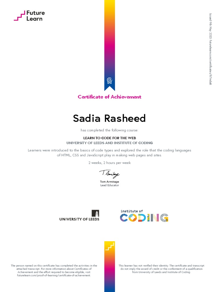 Sadia Rasheed: Certificate of Achievement | PDF | Cascading Style Sheets | Html