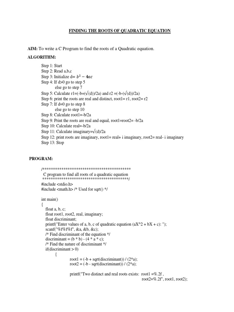 To Write A C Program To Find The Roots of A Quadratic Equation | PDF ...