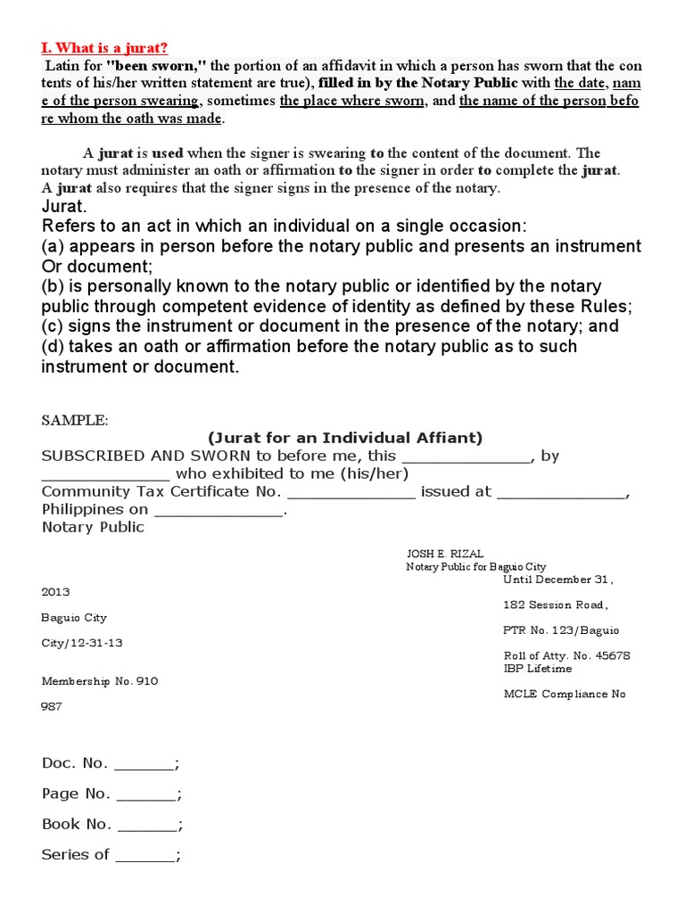 I. What Is A Jurat?: (Jurat For An Individual Affiant) | PDF ...