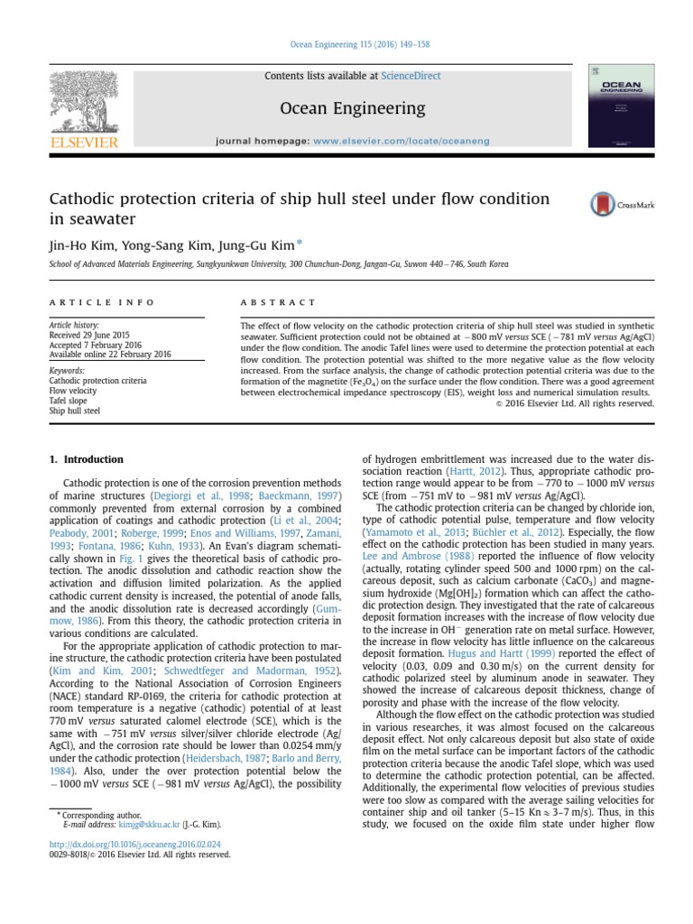 Cathodic Protection Criteria of Ship Hull Steel Under Flow Condition in ...