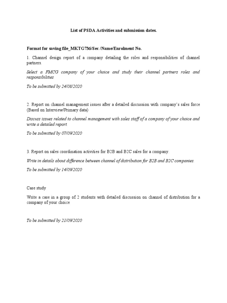 List of PSDA Activities and Submission Dates | PDF