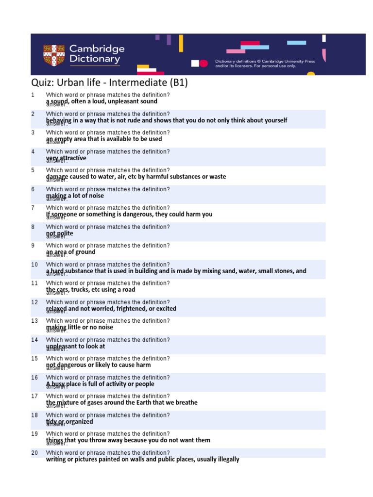 Quiz-Urban Life - Intermediate (B1) | PDF