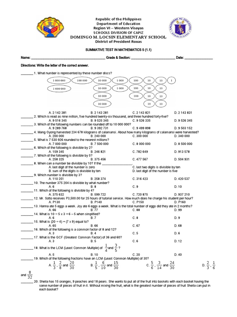 Grade 5 Summative Test With TOS | PDF | Numbers | Teaching Mathematics
