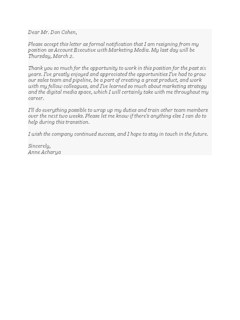 Resignation Letter from Anne Acharya | PDF | Career & Growth | Business