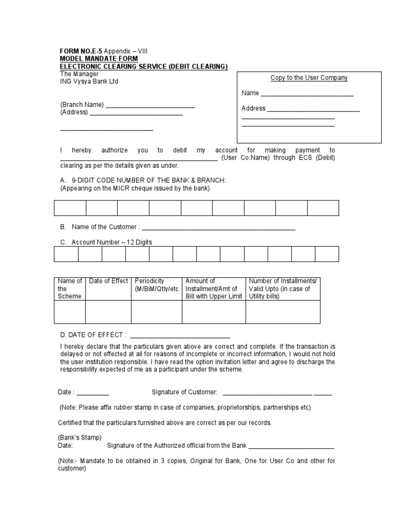Ing Vysya Bank Ecs Manadate Form PDF