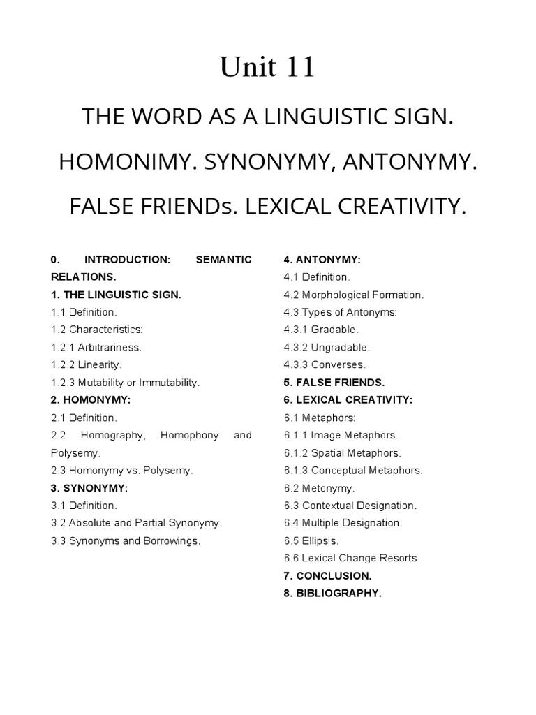 Unit 11: The Word As A Linguistic Sign. Homonimy. Synonymy, Antonymy ...
