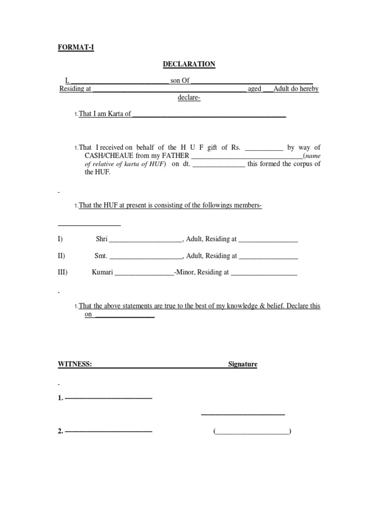 Format-I Declaration: of Relative of Karta of HUF) On Dt. - This Formed The Corpus of | PDF ...
