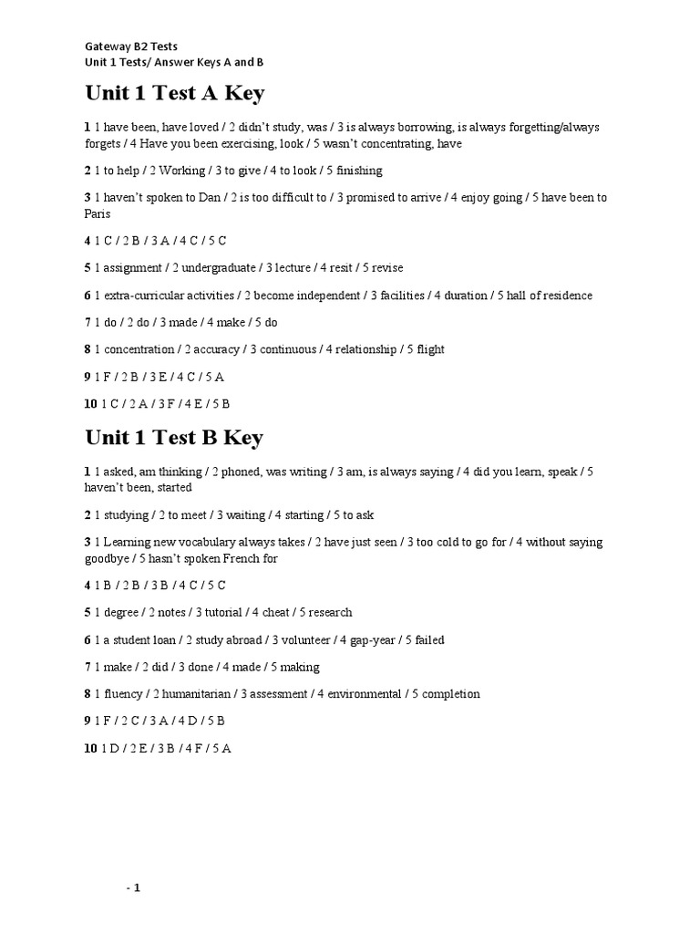 Unit 1 Test A Key: Gateway B2 Tests Unit 1 Tests/ Answer Keys A and B | PDF